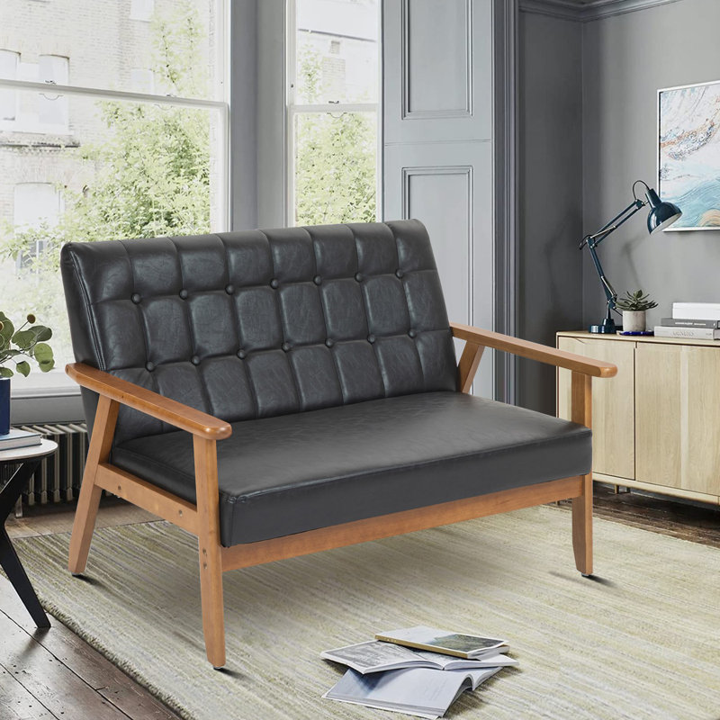 Madena High Quality Sofa with Wooden Armrests and Padded Backrests PU Leather George Oliver Upholstery Color Black